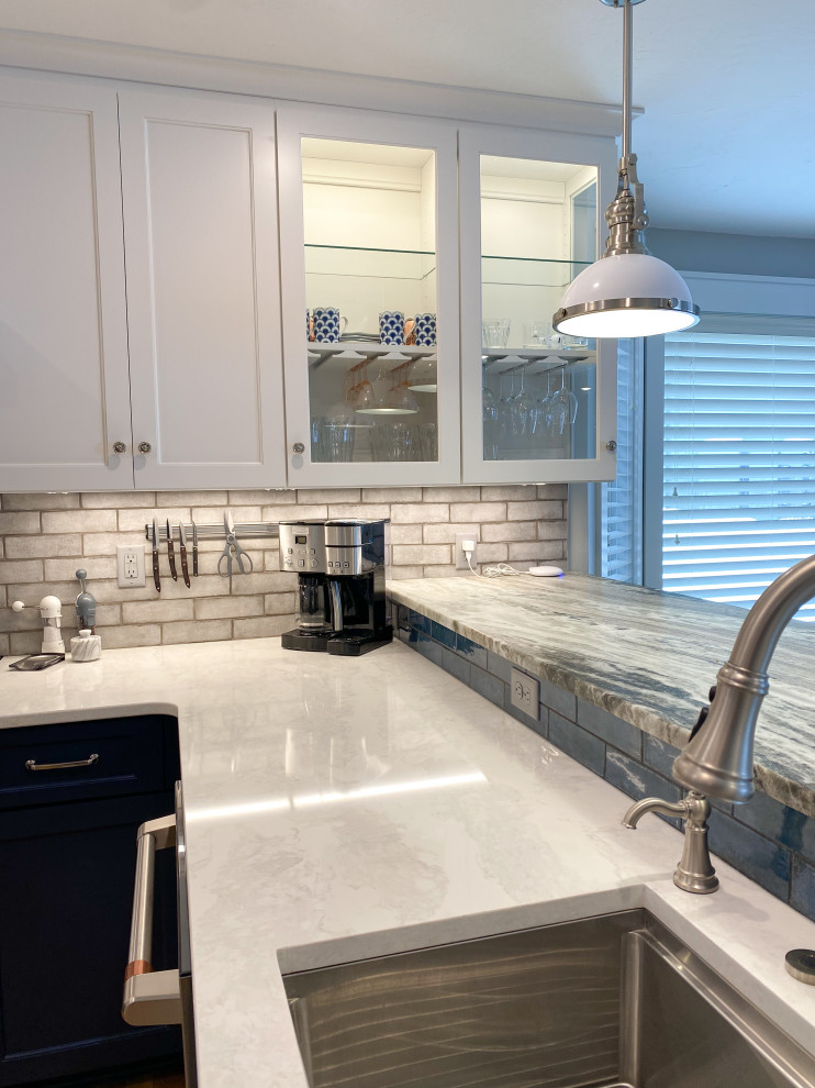 Split Level Kitchen Island Quartz Countertops - Beach Style - Kitchen ...