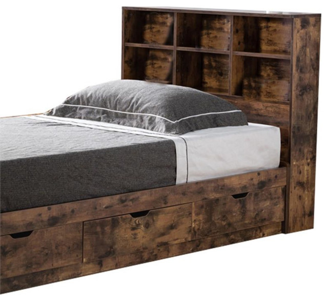 Wooden Frame 3 Drawers Full Size Chest Bed Distressed Brown - Rustic ...