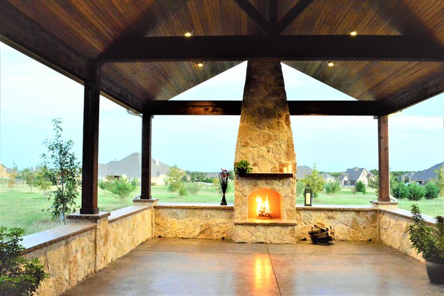 Rockwall, TX, Covered Patio With Custom Fireplace And Seating Wall ...