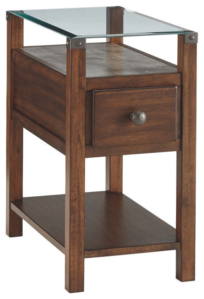 Chair Side End Table With Gliding Drawer and 2 Electrical Ports, Brown ...