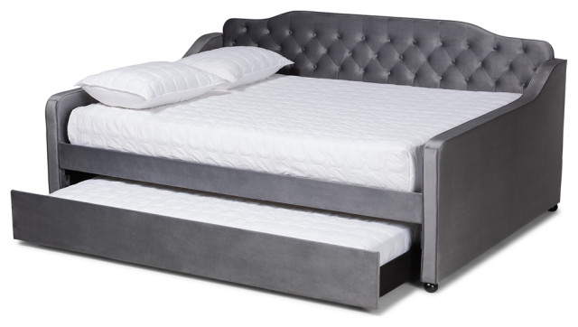 Grey Velvet Fabric Upholstered Button Tufted Full Size Daybed with ...