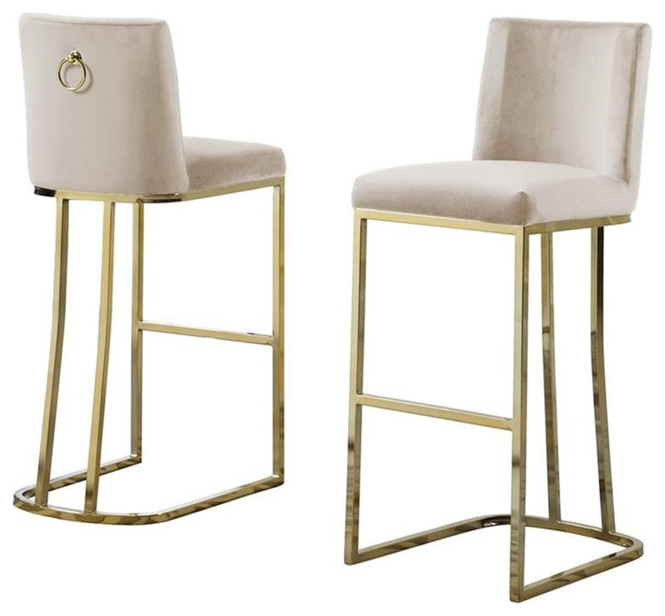 Maklaine Double Minimalistic Beige Cream Velvet Bar Stools w/ Gold ...