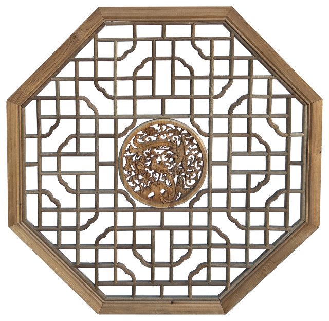 Raw Wood Octagonal Phoenix Birds Flower Geometric Pattern Wall Panel ...