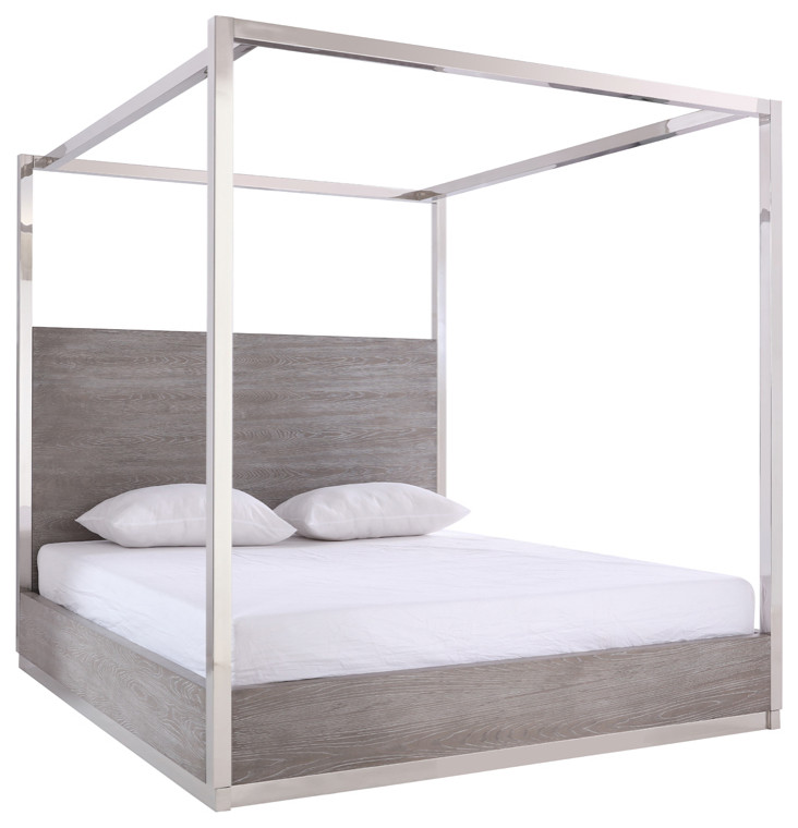 Modrest Arlene Grey Elm and Stainless Steel Canopy Eastern King Bed ...