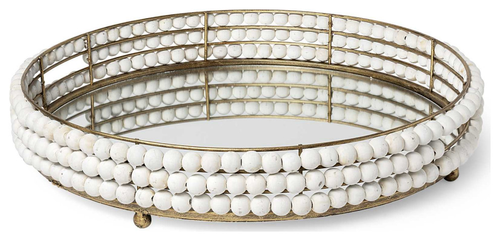 21" Gold Metal With Wooden Bead Frame And Mirrored Glass Bottom Round ...