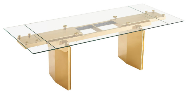 Extendable Gold Dining Table, Rectangular Glass Top Long Dining Table ...