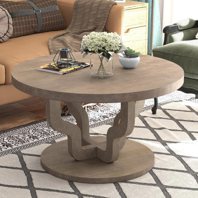Rustic Coffee Table, Wooden Frame With Unique Shaped Base & Round Top ...