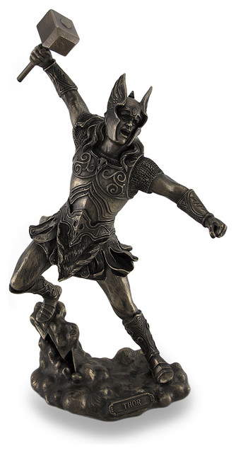 Thor, Norse God of Thunder, Wielding Hammer Sculptured Bronzed Statue ...