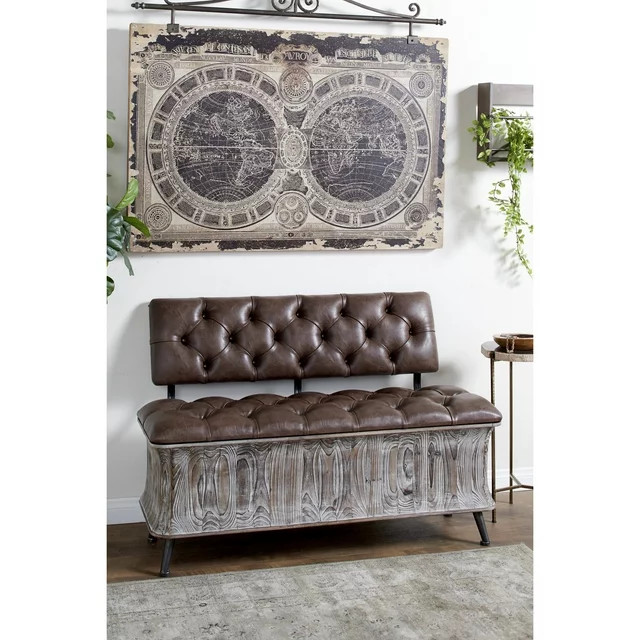 Rustic Brown Storage Bench with Elegant Tufted Faux Leather Seat and ...