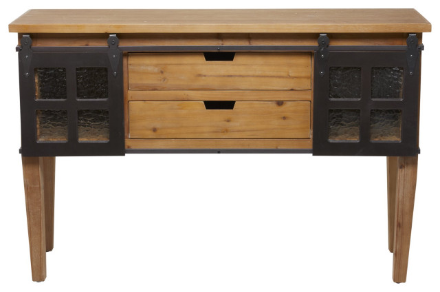 Unique Console Table, Natural Brown Wood Frame With Sliding Textured ...