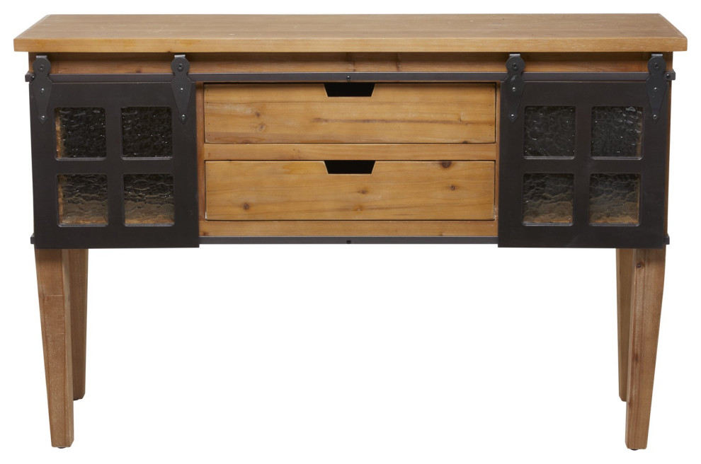 Unique Console Table, Natural Brown Wood Frame With Sliding Textured ...