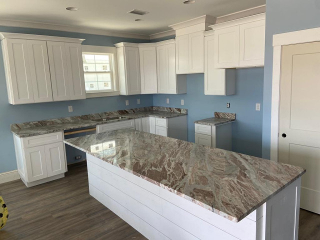Fantasy Brown Dolomite Kitchen Countertops - Blue Kitchen + Shiplap ...