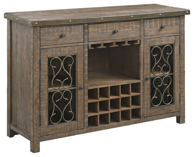 Benzara BM275677 Wood Sideboard Wine Bar Cabinet, Metal Scroll, Rustic ...