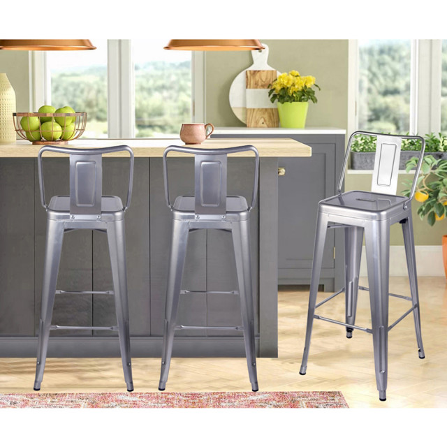 Metal Silver Bar Stools With Middle Back, Set of 2 - Industrial - Bar ...
