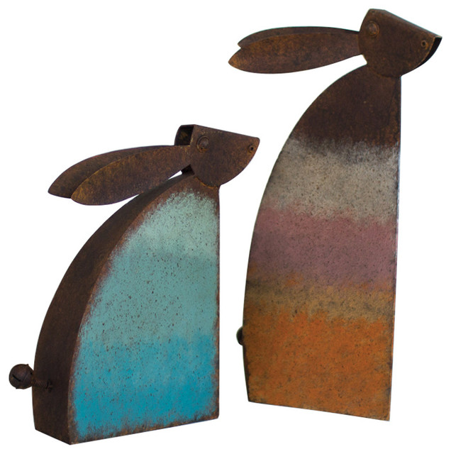 Rustic Metal Rabbits With Colored Detail, Set of 2 - Farmhouse ...