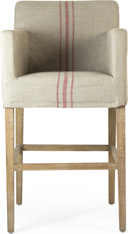 Avignon Slipcover Bar Stool, Red Striped Khaki Linen - Transitional ...