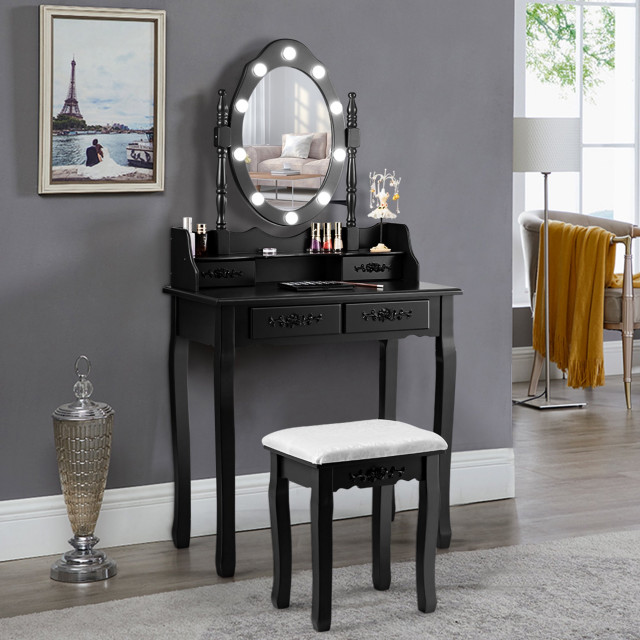 Classic Vanity Set, Stool & Drawers With Carved Details & Lighted ...