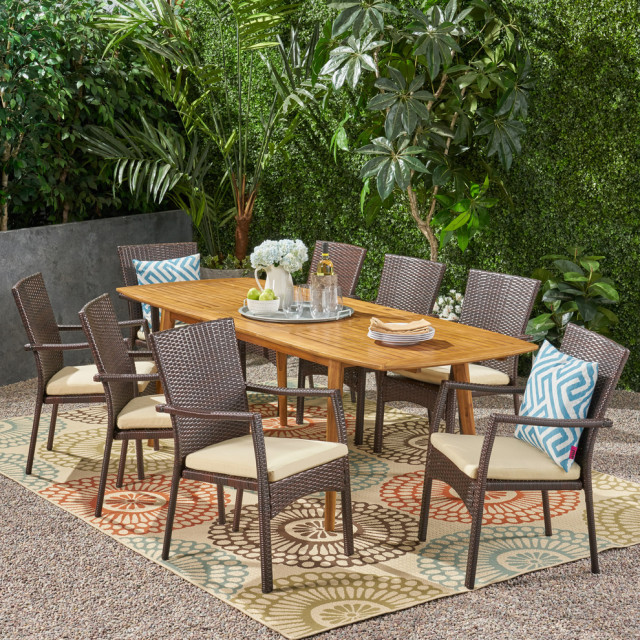 Gabrielle Outdoor Wood and Wicker Expandable 8 Seater Dining Set ...