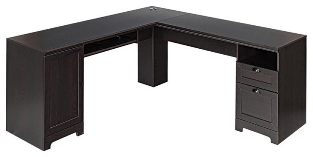 Costway L-Shaped MDF Corner Computer Desk with Drawers in Dark Coffee ...