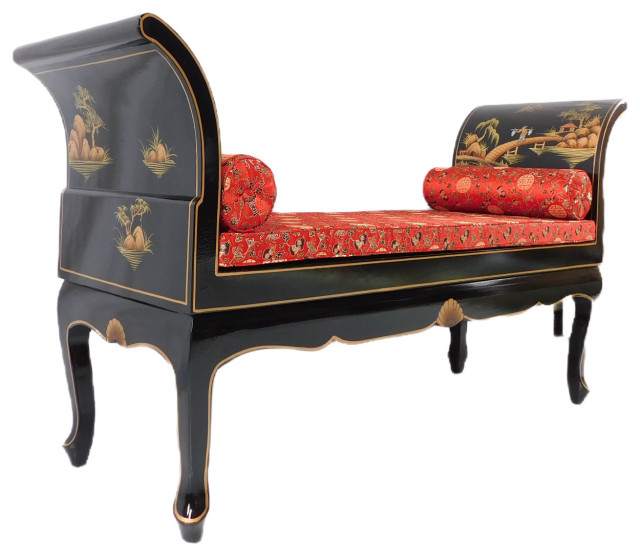Hand Painted Oriental Bench, Japanese Black Lacquer With French Legs ...