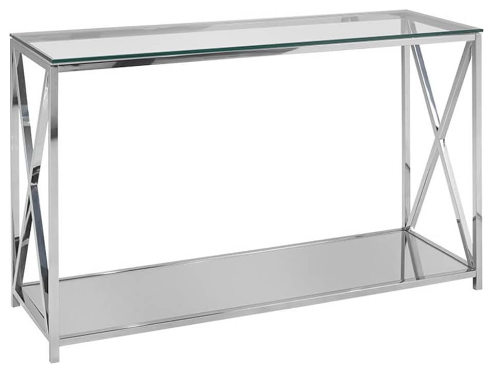 Modern Console Table, X-Side Stainless Steel Frame With Glass Top ...