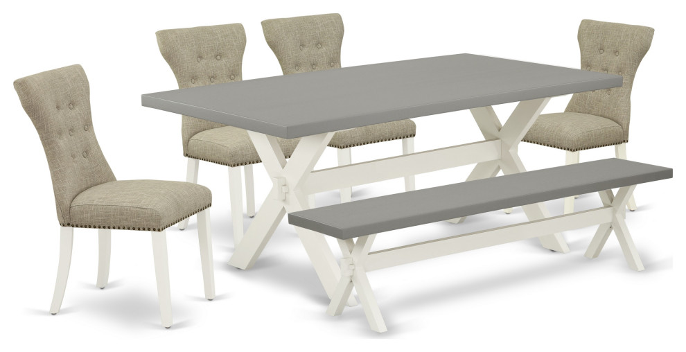 6-Piece Dinette Set, 4 Chairs, Table and Kitchen Bench, Linen White ...