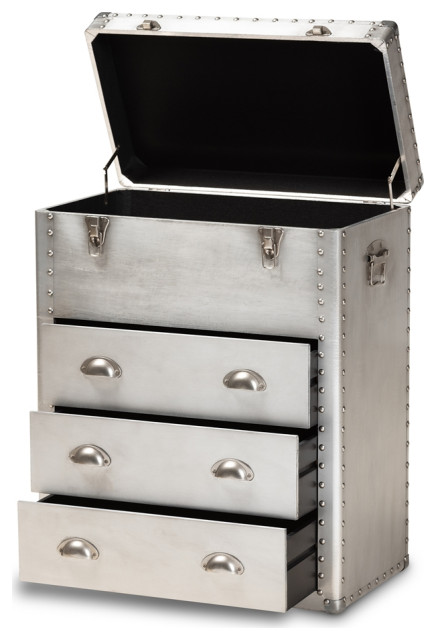 French Industrial Silver Metal 3-Drawer Accent Storage Chest ...