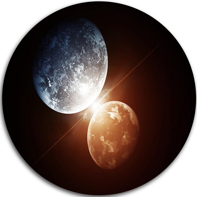 Kiss Between Two Planets, Modern Spacescape Round Metal Wall Art, Disc ...