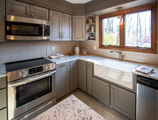 2 Tone Gray Kitchen with Quartz Countertop and Crackle Tile Backsplash ...