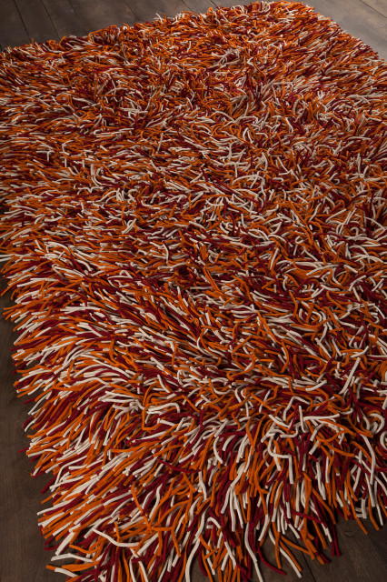 Cyrah Hand-Woven Contemporary Shag Rug, Rectangular Red/Orange/Ivory 5 ...