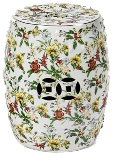 Multi Color Porcelain Floral Motif Garden Stool 18" - Contemporary ...