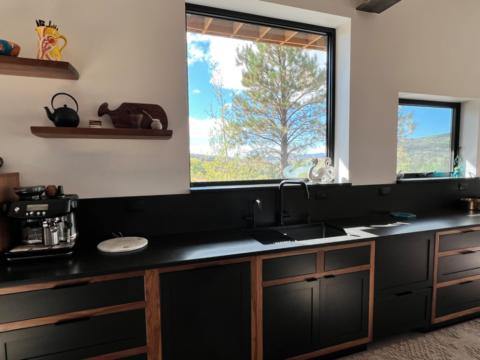 Bright sink area with live edge shelves - Contemporary - Kitchen ...