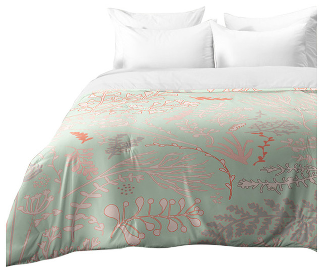 Herbs and Ferns Green and Coral Comforter, King - Contemporary ...