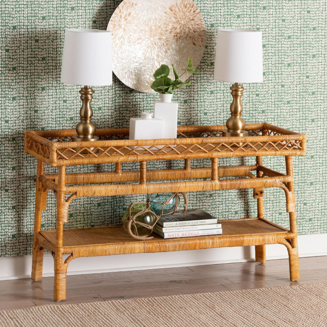 Bohemian Console Table, Natural Rattan Covered Frame With Tray Top ...