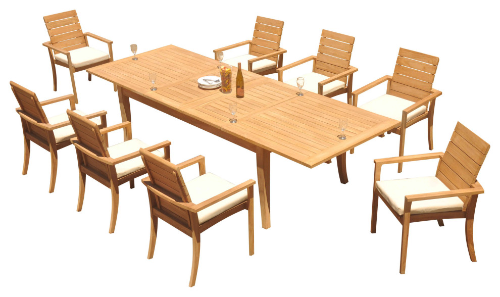 9-Piece Teak Dining Set: 122" X-Large Rectangle Table, 8 Alps Stacking ...
