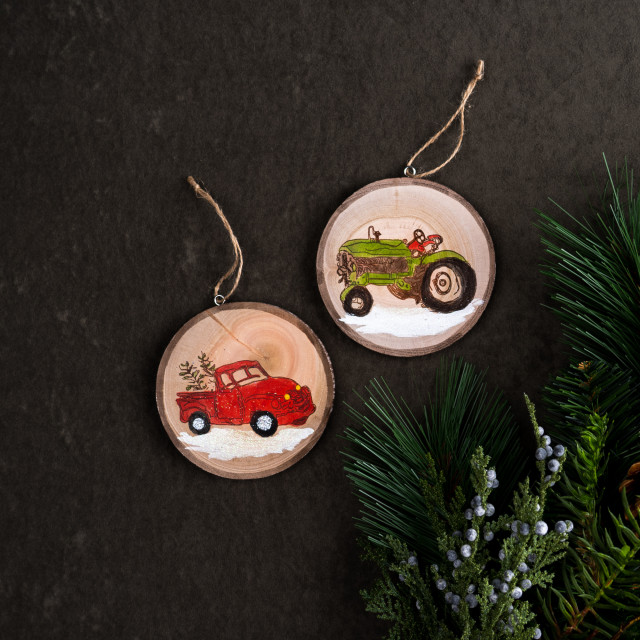 Wood Farm Tree Disc Ornament, Set of 12 - Farmhouse - Christmas ...