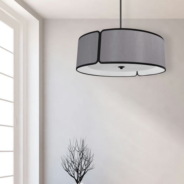 4 Light Black Notched Drum Pendant, Grey Shade and White Diffuser ...
