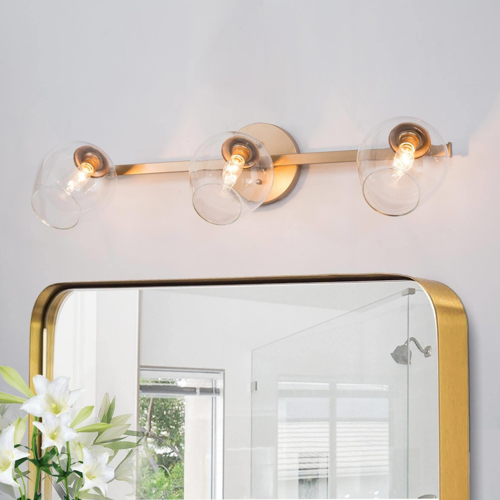 LALUZ 3-Light Matte Gold Modern Bathroom Vanity Light with Clear Glass ...