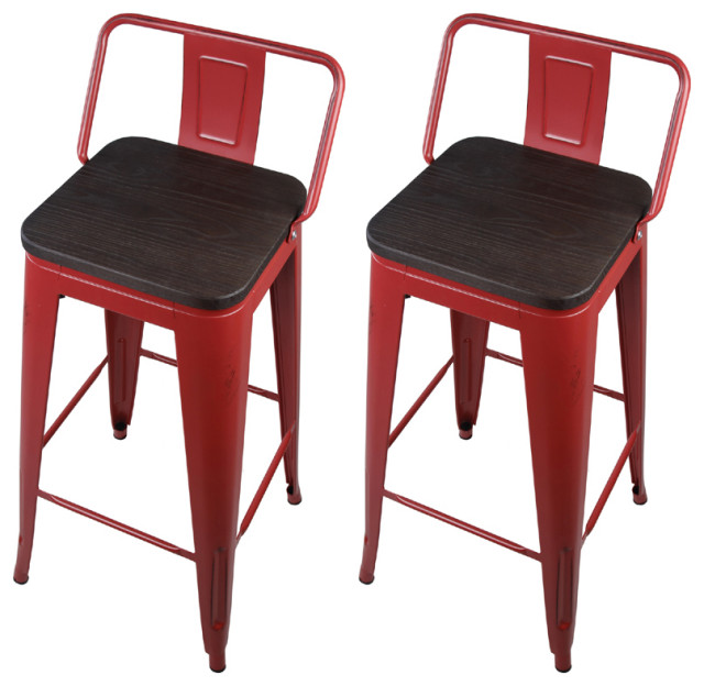 Metal Red Bar Stools With Lowback Wooden Seat, Set of 2 - Industrial ...