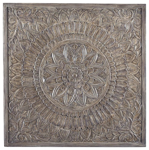 Bowery Hill Wood Square Wall Panel with Medallion Floral Design in ...