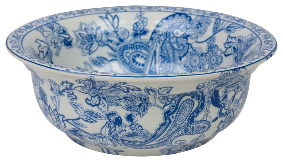 Blue and White Porcelain Floral Motif Lipped Bowl, 8" - Asian ...