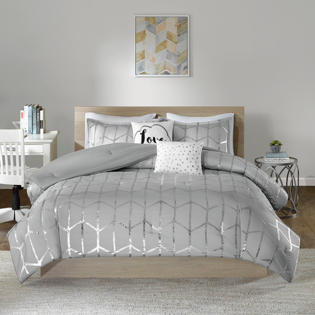 Intelligent Design Raina Metallic Printed Comforter Set, Grey/Silver ...