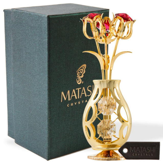 Matashi 24k Gold Plated Flowers Bouquet & Vase w Red & Clear Crystals ...