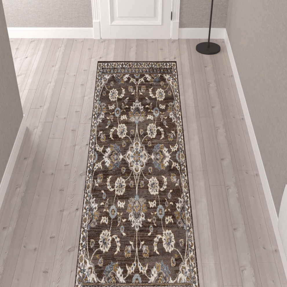 10' Brown Floral Power Loom Runner Rug With Fringe - Traditional - Hall ...