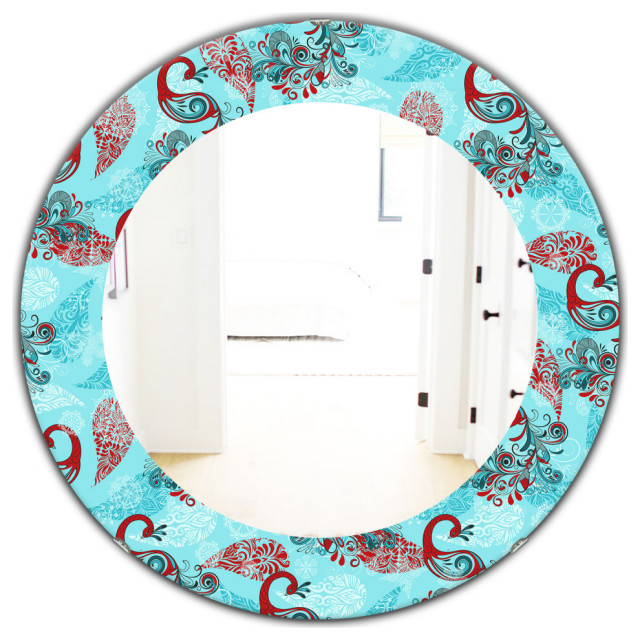 Winter Pattern Peacocks Snowflakes Frameless Round Wall Mirror, 32x32 ...