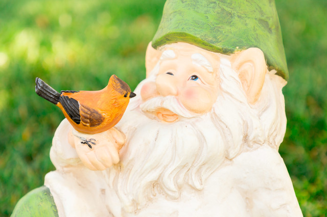Gnome Laying Down With Bird Statue - Traditional - Garden Statues And ...