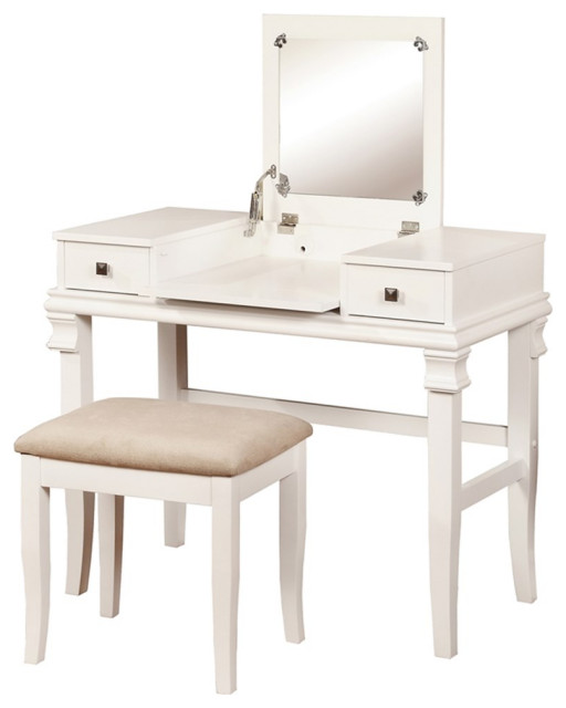 Maklaine Wooden Vanity Set with Flip Top Mirror and 2 Drawers in White ...