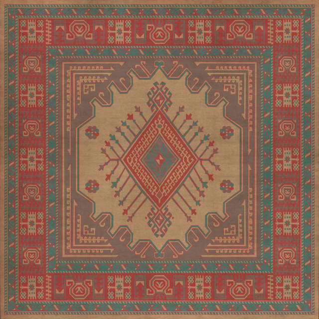 Persian Bazaar Bergama, Altan 72x72 Vintage Vinyl Floorcloth, Red/Blue ...