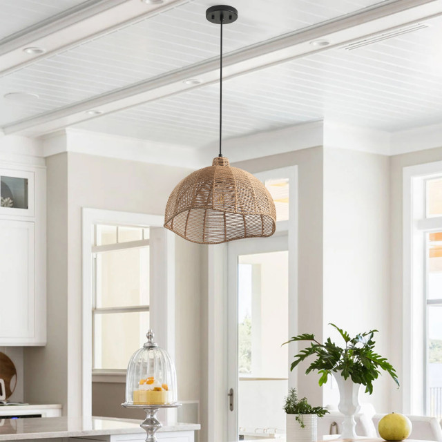 Farmhouse Brown 1-Light Woven Paper Rope Pendant Lighting Fixture ...