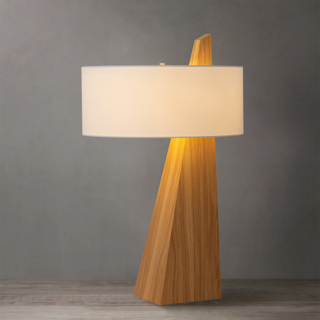 Obelisk Table Lamp - Natural Ash Wood Finish, White Cotton-Linen Shade ...